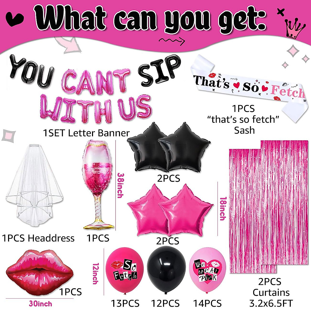 Mean Girls Birthday Party Decorations Girls Bachelorette Party Decorations You Can't Sip With Us Banner Hot Lip Balloons for Burn Book Girls Y2K Bridal Shower Wedding Bachelorette Party Supplies