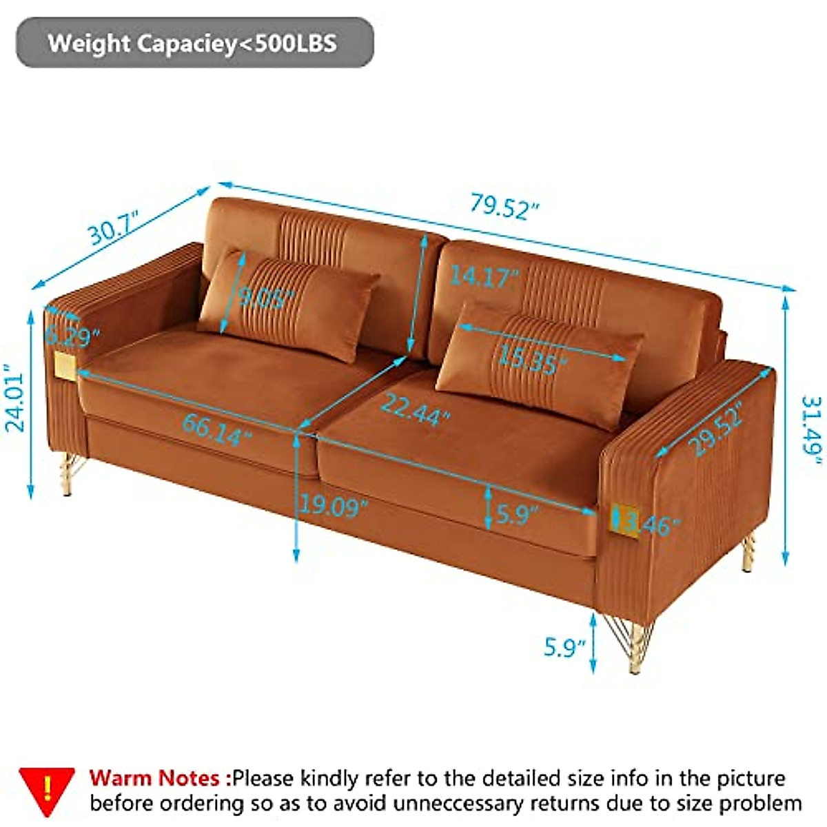 Betoko Velvet Upholstered Sofas Couches for Living Room Modern Contemporary Channel Tufted 3 Seater Sofa Couch with Golden Metal Legs for Bedroom Office and Small Spaces (Camel)