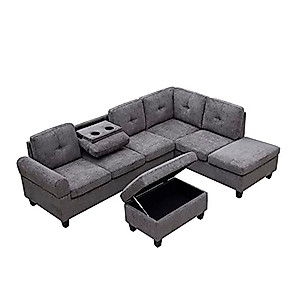 UBGO Furniture Sets,Living Room Sectional Sofa,L Shaped Storage Ottoman, Upholstered Sofá with 2 Cup Holder,Couch Longue for Indoor Home Apartment Office, Grey Left Chaise