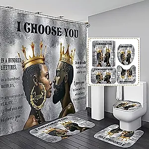MrLYouth 4PCS African King and Queen Bathroom Shower Curtain Sets with Rugs Man 12 Hooks,Toilet Lid Cover ,Non-Slip Rug Bath Mat Starry Afro Girl Decor Sets, 71x71inch