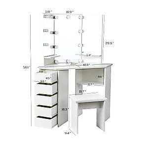 VOWNER Vanity Desk with Mirror and Lights - Vanity with 3 Lighting Options, Adjustable Brightness, Vanity Set with 5 Sliding Drawers, Shelves and Vanity Stool, Corner Vanity for Women Girls, White 43"