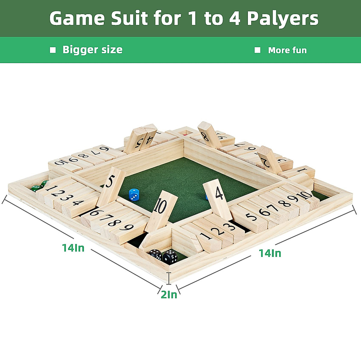 ApudArmis 4-Way Shut The Box 14 Inches, Large Wooden Board Game Set with Dice, Shut-The-Box for Kids & Adults - Learning Addition Classroom Home Party Pub