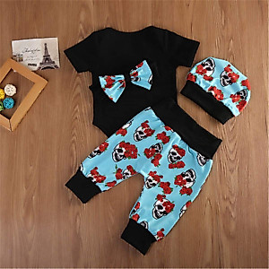 Yuemengxuan 4PCS Infant Newborn Baby Boys Girl Skull Romper+Pants+Hat+Mitten or Headband Halloween Clothes Outfit Set (Black+Blue, 0-6 Months)