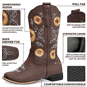 Jiemifu Cowboy Boots Women Sunflower Embroidered Western Boots Cowgirl Boots Square Toe Tall Cowgirl Boots for All Season/Everyday Occasions, Brown