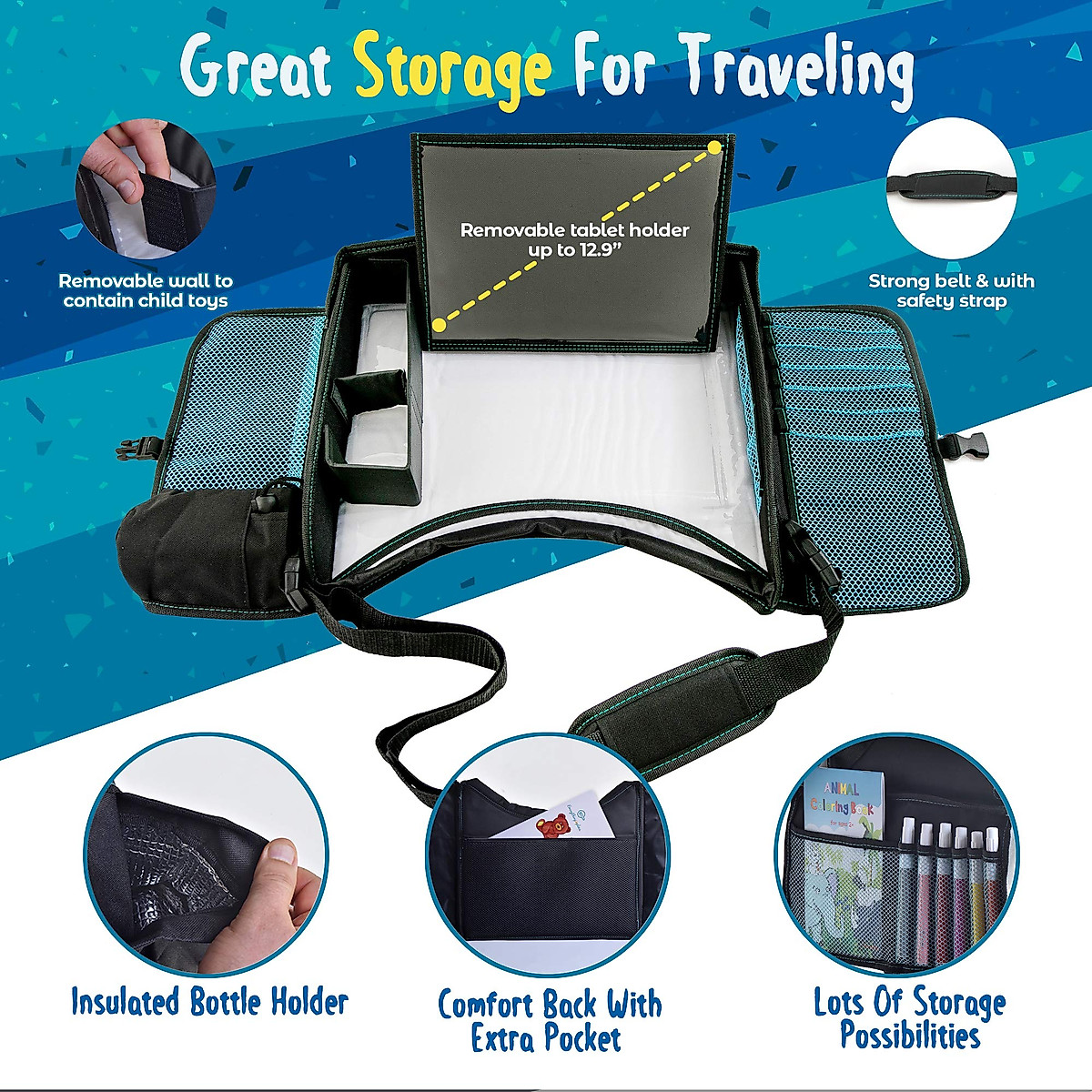 2 PK - Kids Car Seat Activity Tray | Inspire Active Toddlers & Big Kids for Years! Dry-Erase White Board & Eating Snack Travel Tray with No-Drop Tablet iPad Holder Stand & Art Supplies Storage Pocket