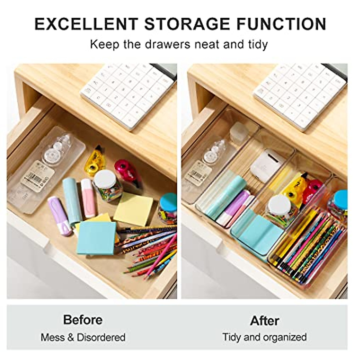 Hudgan 8 Pack Clear Plastic Drawer Organizers Set, Stackable Deep Drawer Organizer for Makeup Vanity and Desk, 2 Sizes Tall Bathroom Drawer Organizer