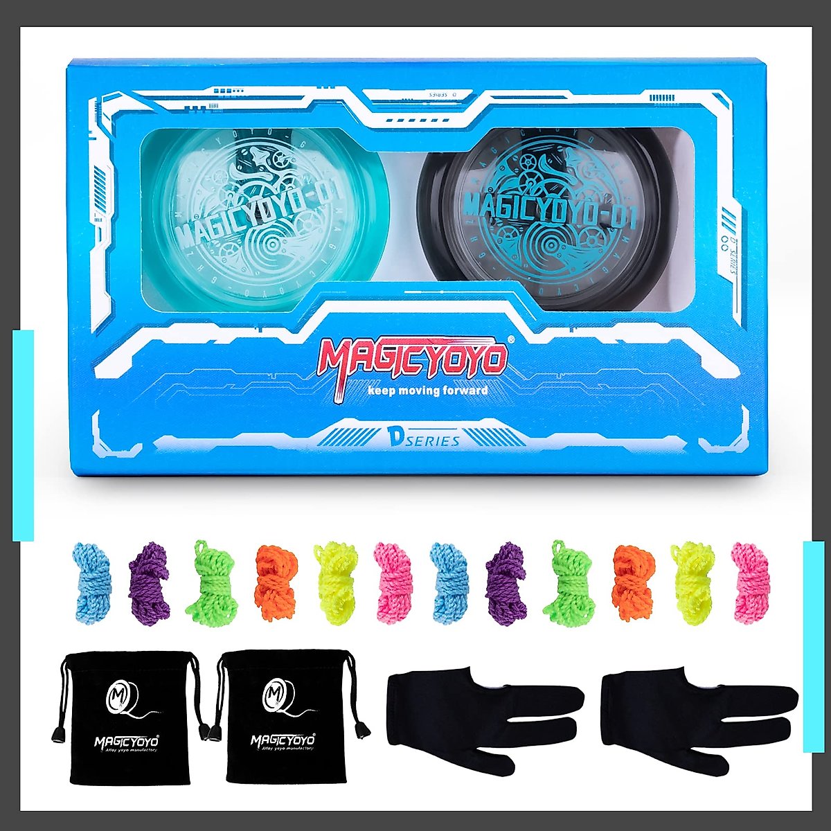 Looping Yoyo D1 Responsive Yoyo for Kids - 2A Loop Yoyo for Beginner, Starter Yoyo Easy to Play Basic String Tricks Yoyo with 12 Yoyo Strings, 2 Bags, 2 Yoyo Gloves(Crystal Black and Crystal Blue)