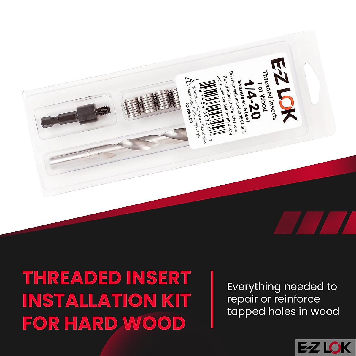 E-Z LOK 400-4-CR Threaded Inserts for Wood, Installation Kit, Stainless Steel, Includes 1/4-20 Knife Thread Inserts (6), Drill, Installation Tool