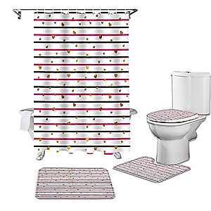 BestLives Valentines Shower Curtain Sets with Rugs Stripe Gold Love Hear Soft Toilet Lid Cover for Bathroom Classic Black Pink Stripe 4 Pcs Bathroom Sets with Bath Mat and 12 Hooks