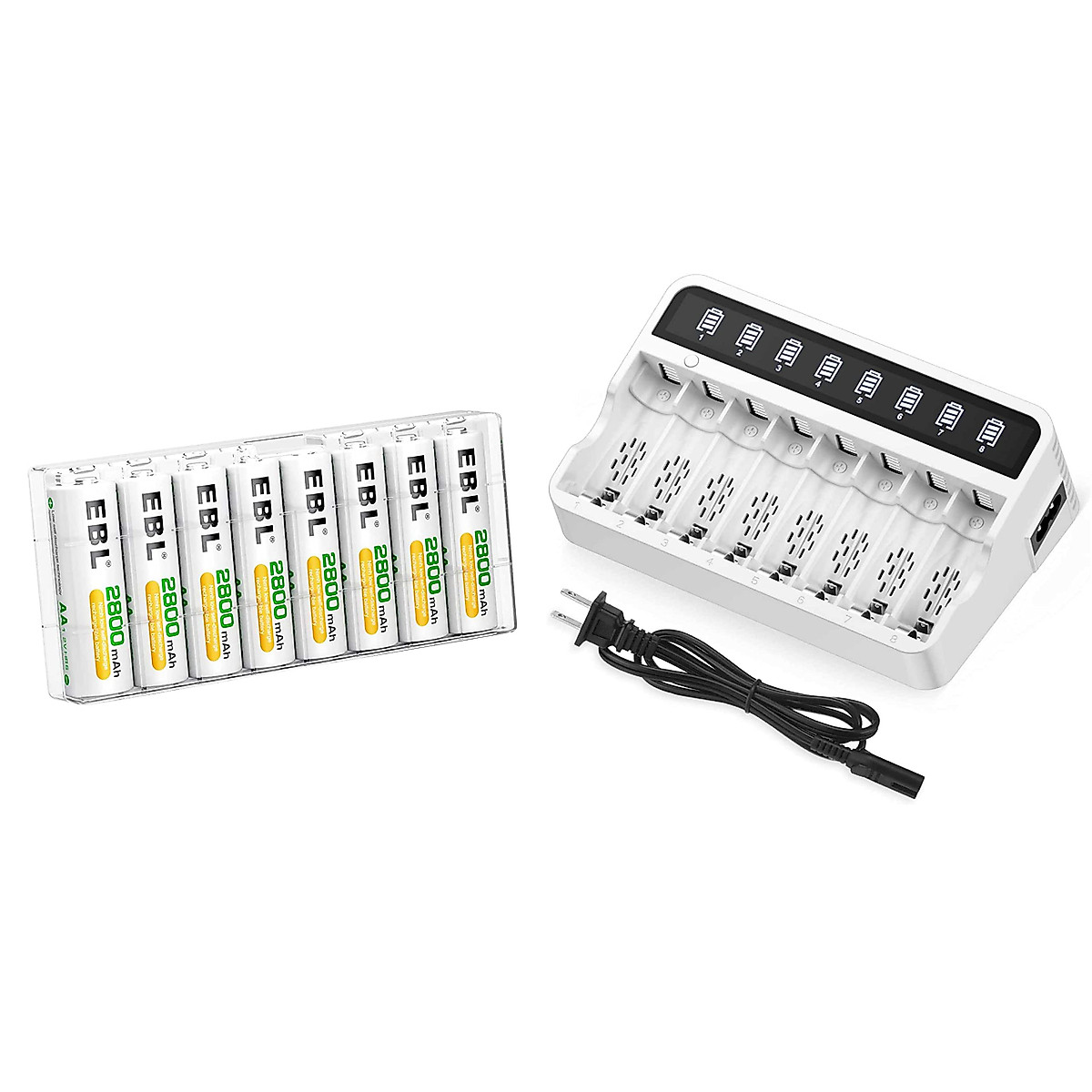 EBL 8 Counts AA Batteries 2800mAh 1.2V High Performance Ni-MH AA Rechargeable Battery & 8 Bay Individual Battery Charger with Discharge Function