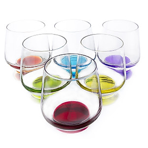 Red Co. Set of 6 Stemless 11.75 Oz Short Wine Drinking Glass Tumblers with Rainbow Colored Bottoms