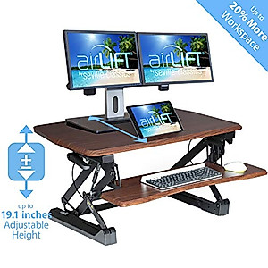 Seville Classics AIRLIFT 36" Gas-Spring Height Adjustable Standing Desk Converter Workstation Ergonomic Dual Monitor Riser with Keyboard Tray and Phone/Tablet Holder, Walnut