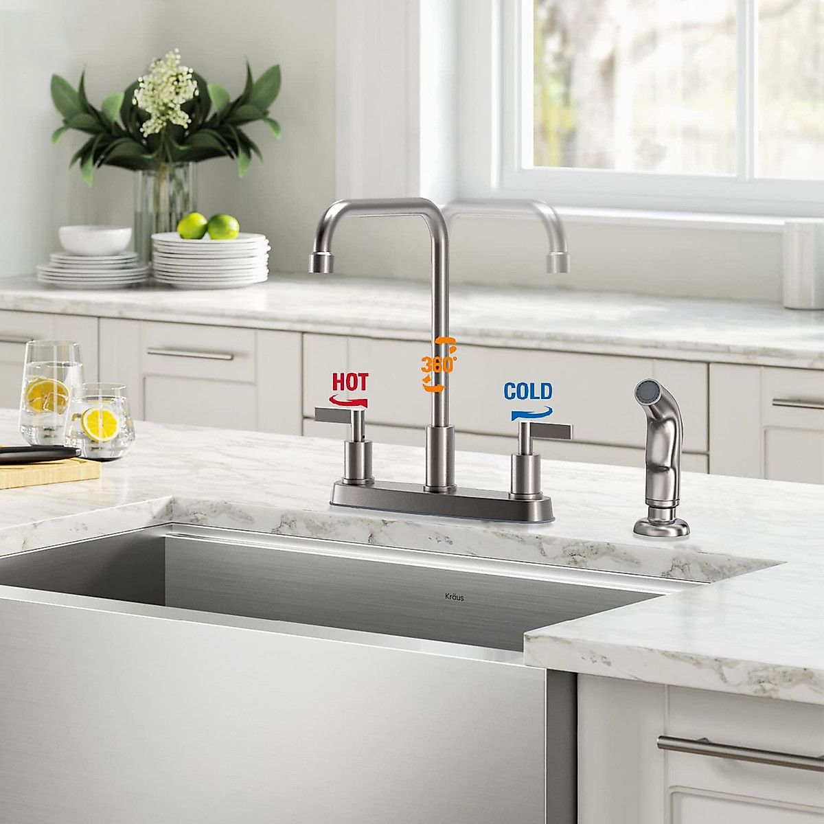 Kitchen Faucet with Sprayer,Brushed Nickel Kitchen Sink Faucet,3 Hole or 4 Hole Faucet for Kitchen Sink,Stainless Steel 2 Handle Kitchen Faucet with Side Sprayer,4 Hole Kitchen Faucets