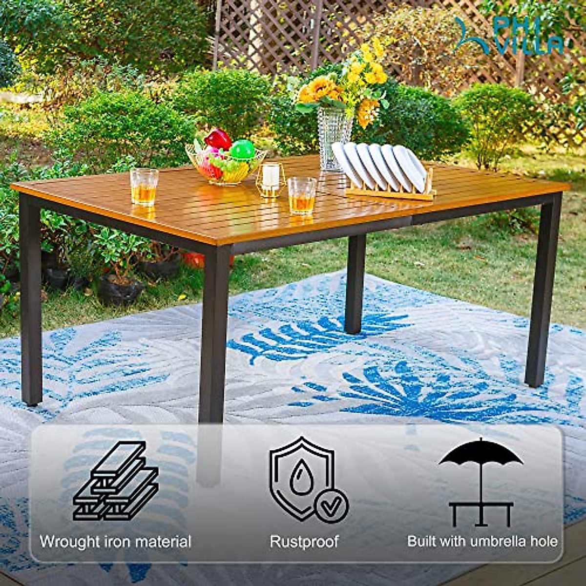 PHI VILLA Metal Patio Dining Det 6,7 Piece Metal Outdoor Dining Table Set - 1 Rectangle Expanding Dining Table and 6 Swivel Chairs Garden Outdoor Chairs