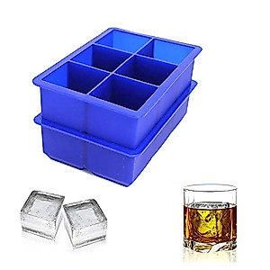 Makya Ice Cube Trays Large Size Flexible 6 Cavity Ice Cube Square Molds for Whiskey and Cocktails, Keep Drinks Chilled (2 Pcs Blue) 6.5x4.5 inch