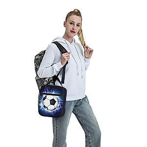 YIJIUWKIS Sports Lunch Box with Soccer Pattern Print, Blue Insulated Lunch Bag for Kids Teens Boys Girls, Reusable Lunch Bag Ice Packs Containers Tote Handbag with Water Bottle Holder and Handle