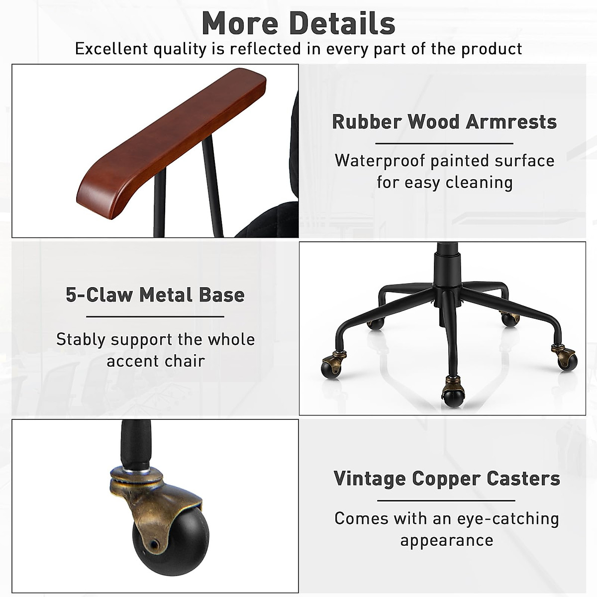 Giantex Home Office Desk Chair Black, Vintage Adjustable Swivel Rolling Chair with Copper Wheels & Armrest, Mid Century Leisure Chair, Velvet Upholstered Computer Chair for Work, Study