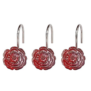 Twofish Home Luminous Burgundy Rose Flower Shower Curtain Hooks 100% Handwork Burgundy Rose Flower Shower Rings Decorative Resin Flower Shower Curtain Rings Set of 12