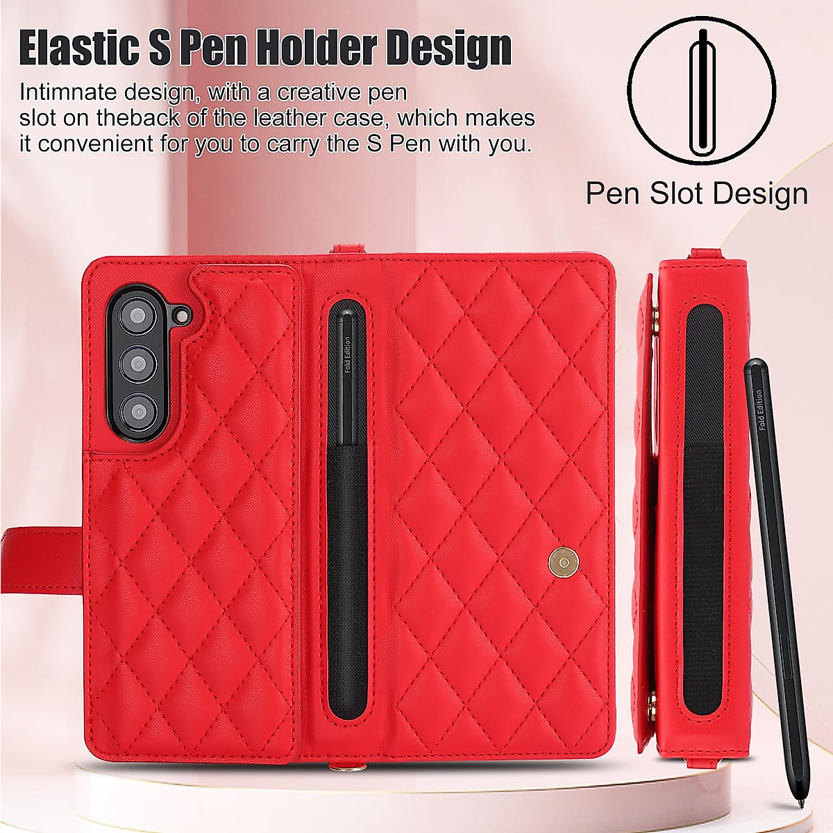 FHZXHY Wallet Case for Samsung Galaxy Z Fold 5 5G with Pen Slot Crossbody Strap Wrist Handbag Leather Button Purse Card Slots Holder Phone Case Galaxy Z Fold 5 Case for Women Girls-red