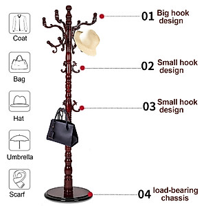 Coat Rack Freestanding, Wooden Coat Rack 14 Hooks, Pure Natural Solid Tree Coat Hanger Stable Disc Base, Adjustable Floor Hanger,for Bedroom Office Hallway Entryway(Mahogany)