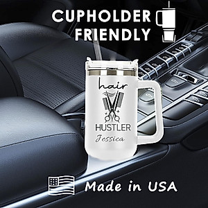 LifGif Hair Hustler Personalized Tumbler 40 oz Laser Engraved, Insulated Cup with Handle, Lid and Straw, Custom Tumbler Hair Stylist Graduation Gift for Men Women Friend Stainless Steel Coffee Cup
