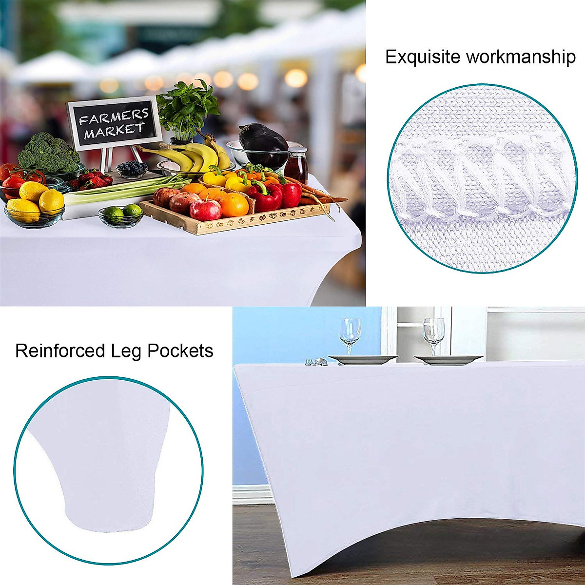 RELIANCER 2 Pack 8FT Rectangular Spandex Table Cover Four-Way Tight Fitted Stretch Tablecloth Table Cloth for Outdoor Party DJ Tradeshow Banquet Vendor Wedding Celebration (2PC 8FT, White)
