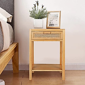 Polar Aurora Nightstand, End Table with Woven Pattern Drawer and Open Storage Shelf, Bedside Furniture, Side Table for Bedroom, Easy Assembly, Natural Walnut
