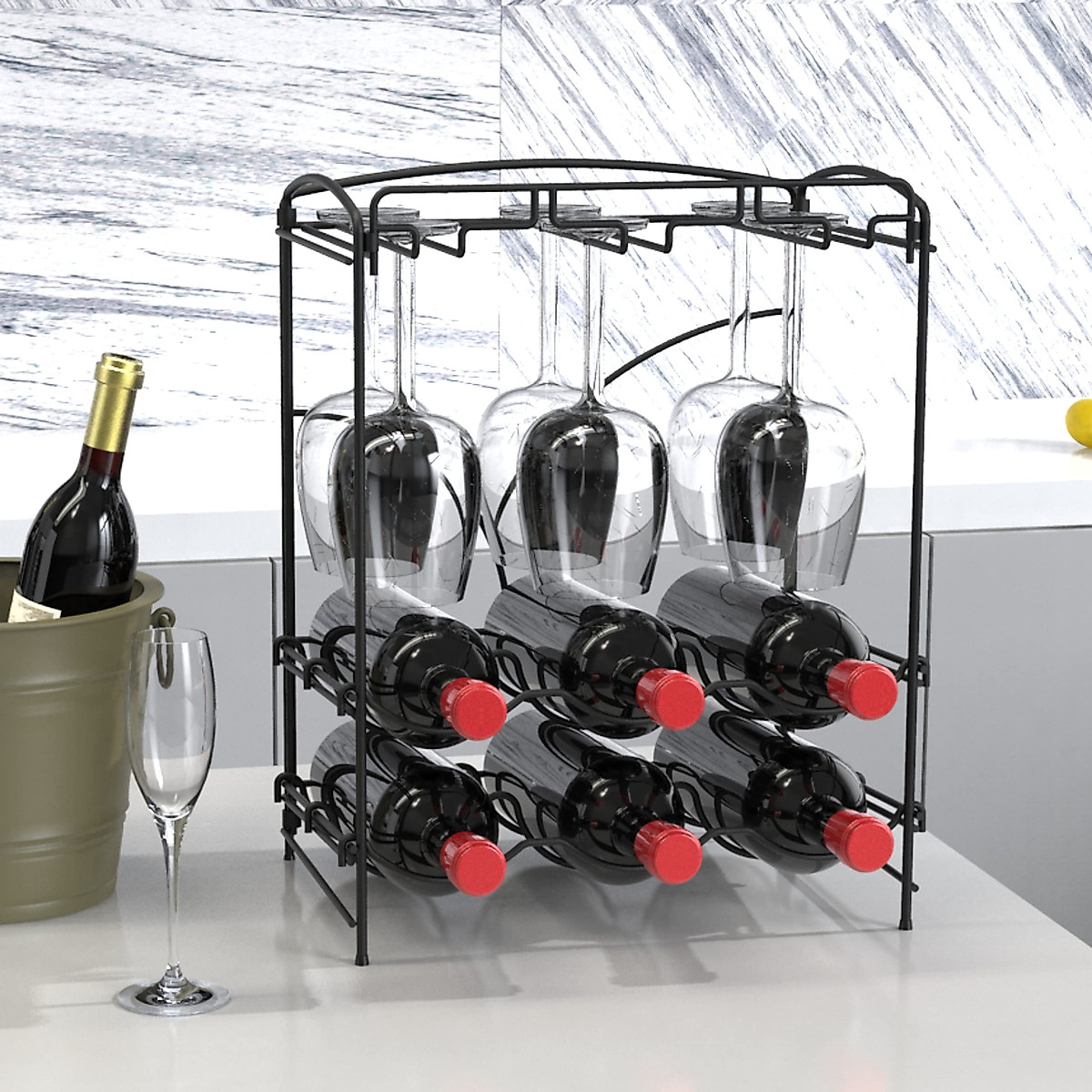 EMT ETRENDS Wine Rack Countertop, Wine Holder for 6 Bottles and 6-9 Glasses, Freestanding Wine Storage Shelves for Kitchen, Pantry, Cellar, Bar, Black.