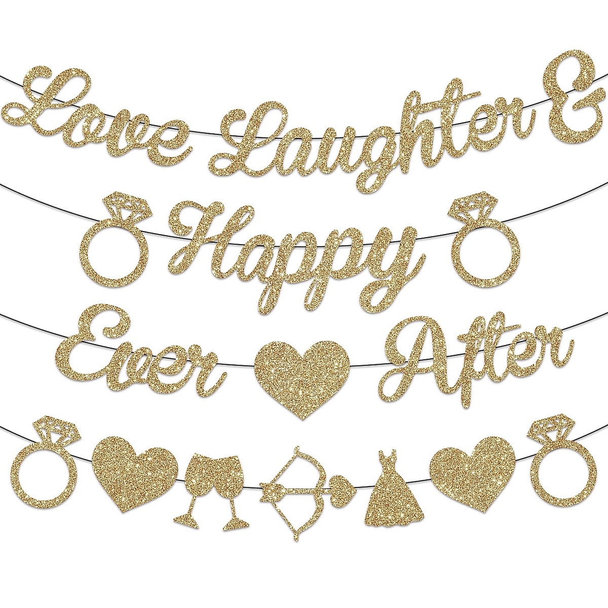 NO-DIY Love Laughter & Happily Ever After Banner, Gold Glitter Wedding Shower Decorations includes Bridal Shower Banner and Bridal Shower Decorations Garland for Bridal Wedding Decorations