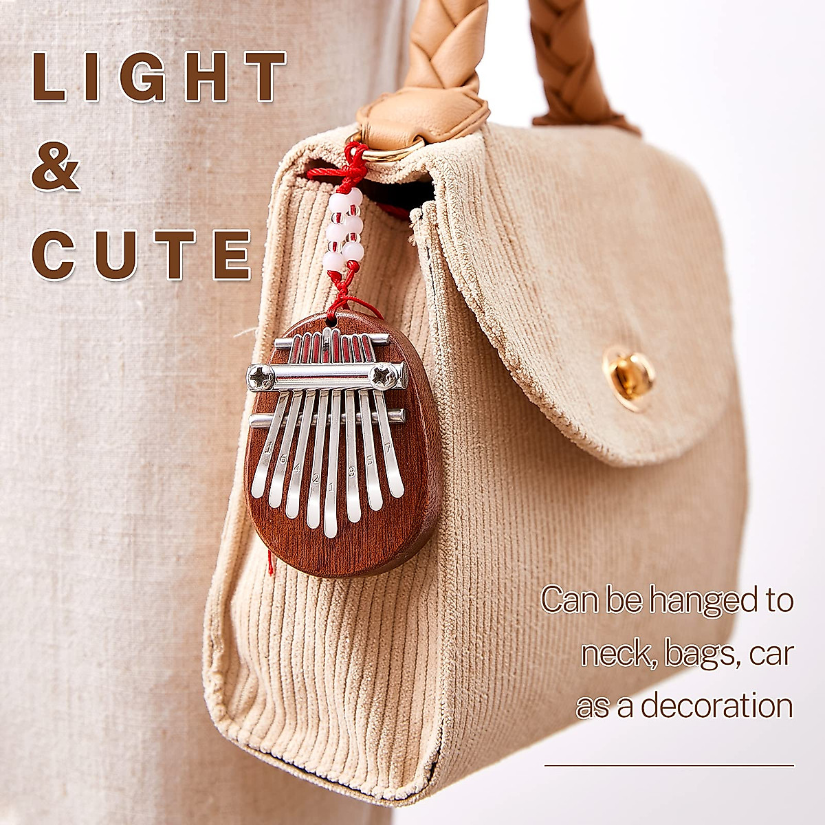 Mini Kalimba 8 Keys Thumb Piano Cute Portable Exquisite Oval Finger Piano Musical Instrument Sapele Wood Marimba Good Accessory Pendant Gift for Kids Adult Beginners