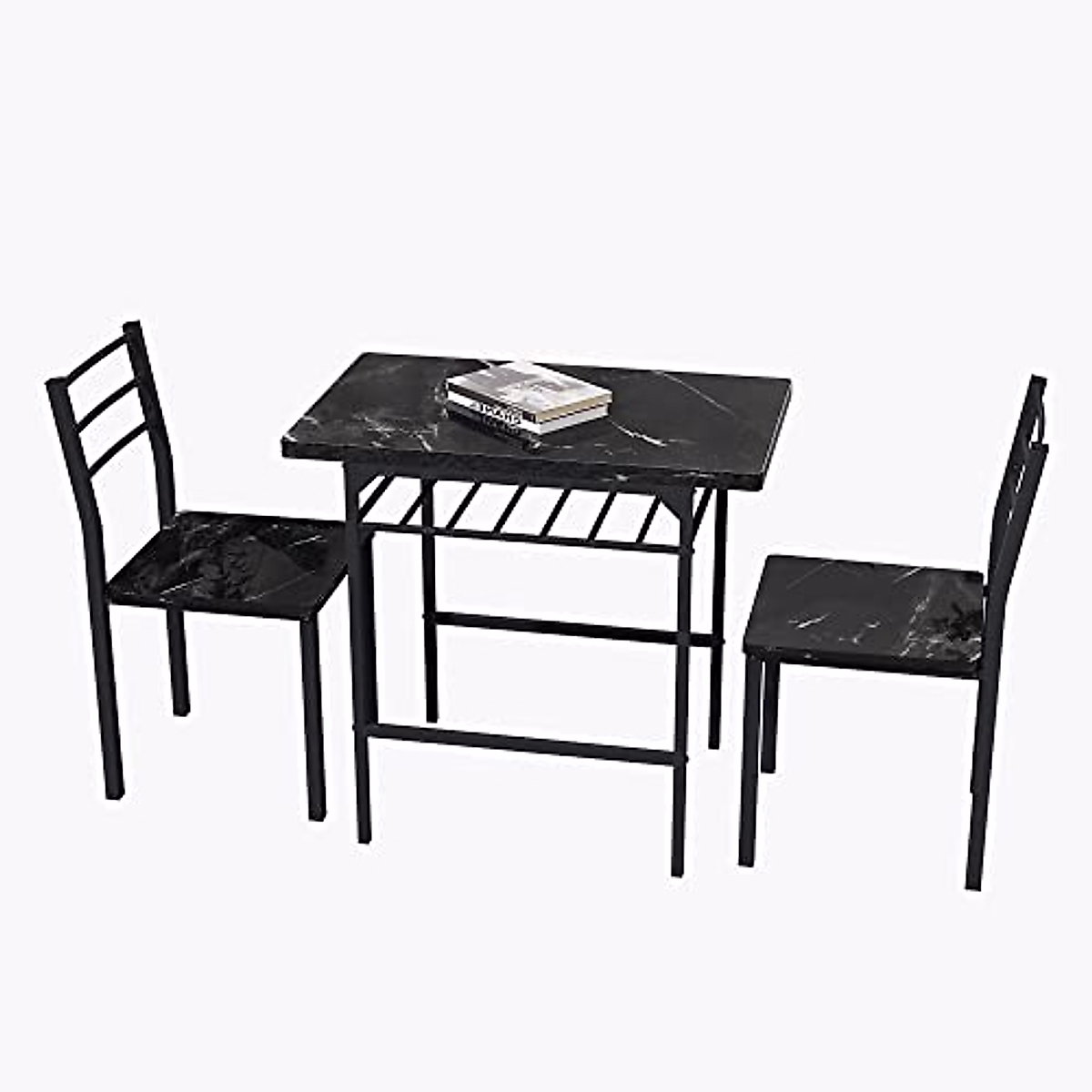 3-Piece Dining Table Set for 2, Small Kitchen Table with 2 Chairs and Storage Rack, Modern Faux Marble Dining Room Table Set Industrial Design for Small Space, Breakfast Table Set, 31.5in Black