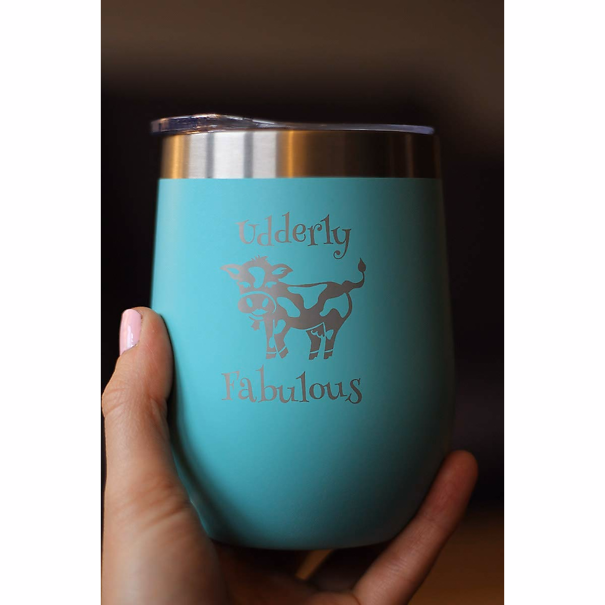 Bevvee Udderly Fabulous - Cow Wine Tumbler with Sliding Lid - Stemless Stainless Steel Insulated Cup - Funny Outdoor Camping Mug - Teal