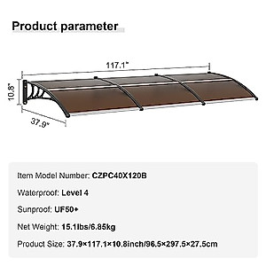 VEVOR Window Door Awning Canopy 120"x 40", UPF 50+ Polycarbonate Entry Door Outdoor Window Awning Exterior, Front Door Overhang Awning for Sun Shutter, UV, Rain, Snow Protection, Hollow Sheet