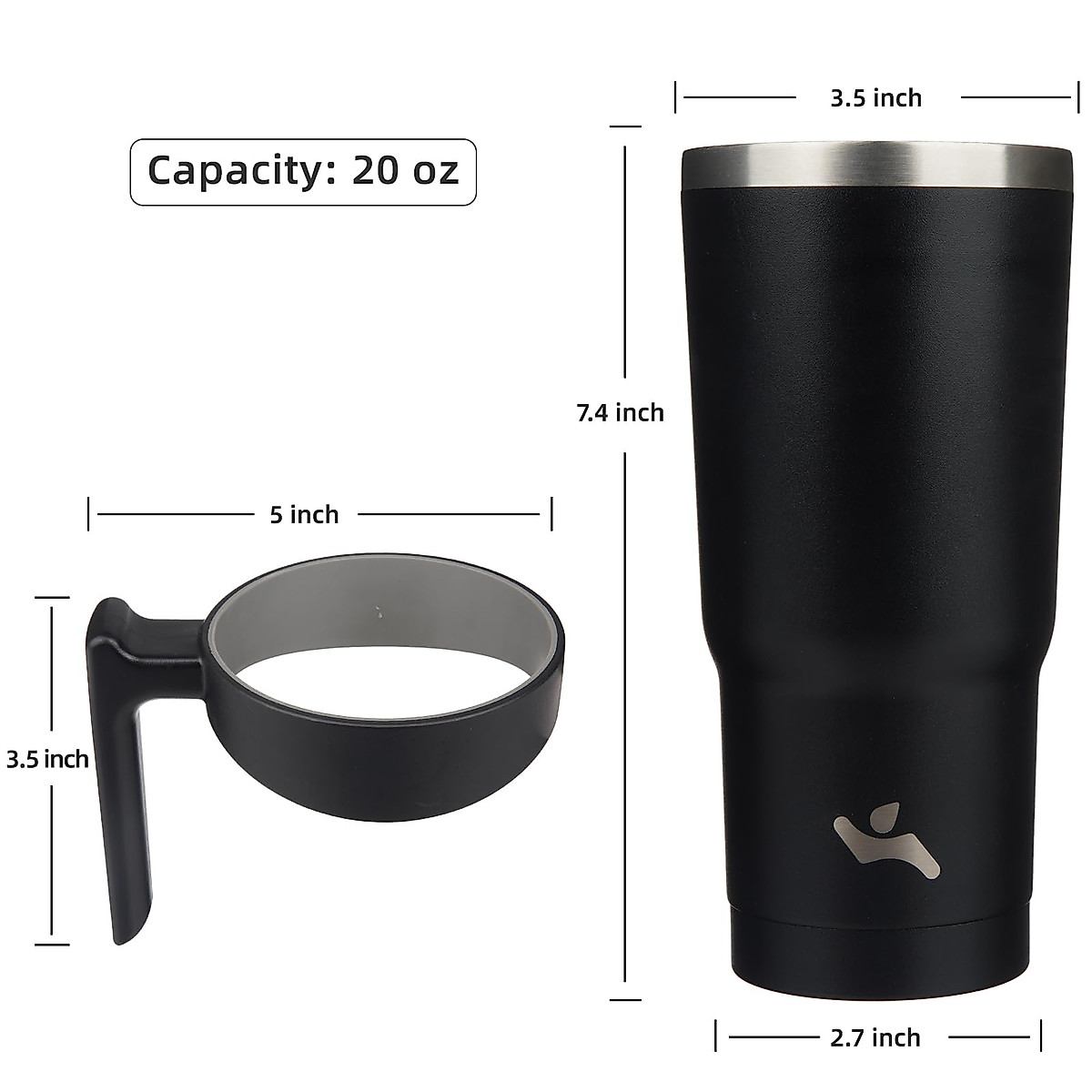 Konokyo 20 oz Tumbler with Handle and 2 Straw 2 Lid, Insulated Water Bottle Stainless Steel Vacuum Cup Reusable Travel Mug,Black