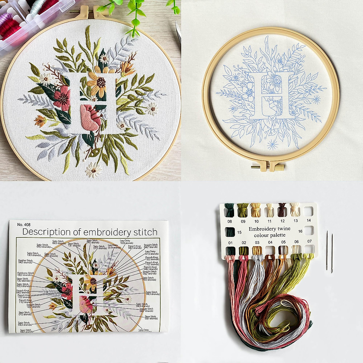 Silentsea Embroidery kit, 3 Sets of Floral Patterns for Beginners, with Hoops, Embroidery Cloth, Needles, Embroidery Thread and Other Tools