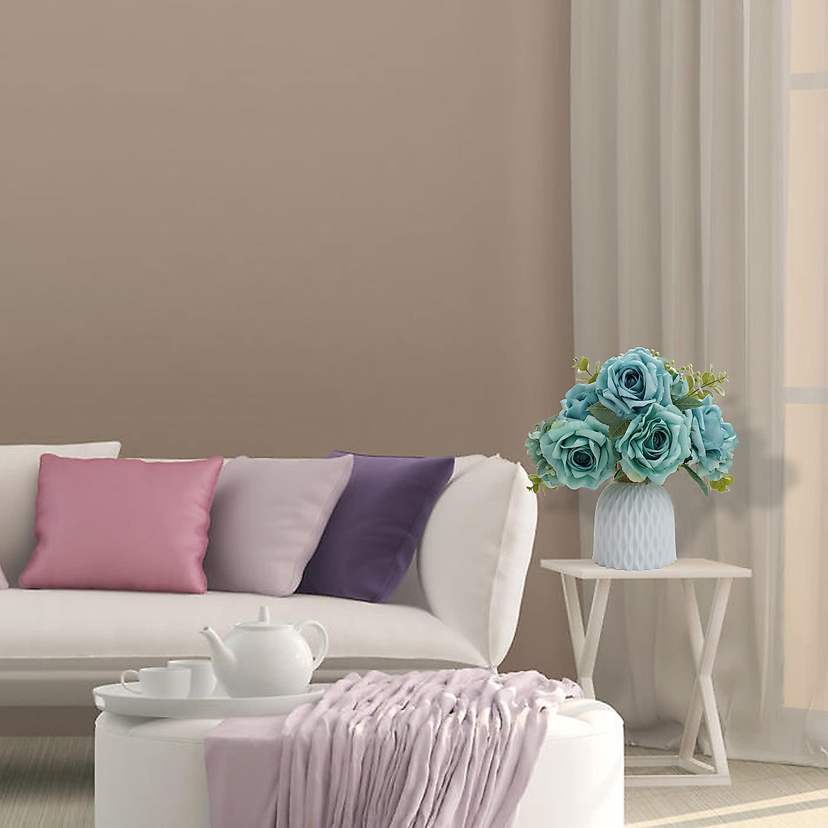 Artificial Flowers Set and vase, Combination Arrangements for Home Garden Party Wedding ，Fake Rose Flowers Bedroom Living Room Kitchen Office Decoration （ Blue Flowers White vase