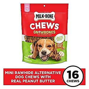 Milk-Bone Chews GnawBones Rawhide Free Dog Treats, Peanut Butter & Chicken, 16 Long Lasting Mini Knotted Bones
