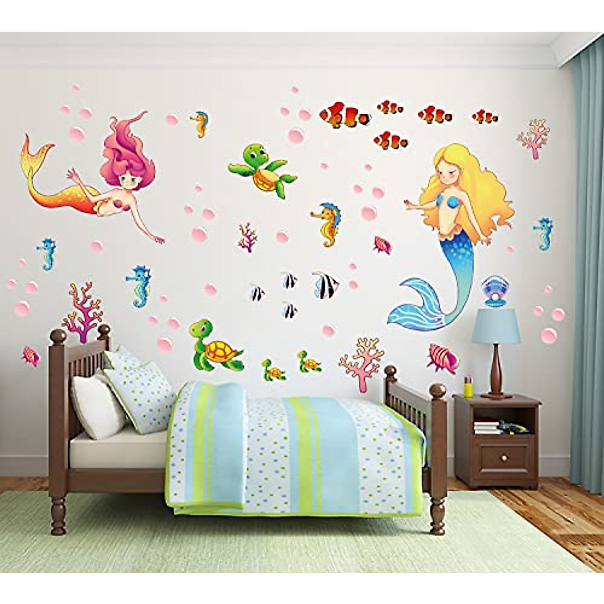 MESU Glow in The Dark Mermaid Wall Decals Sea Turtle Luminous Sticker Seahorse Ceiling Decor for Girls Room Nursery Mermaid