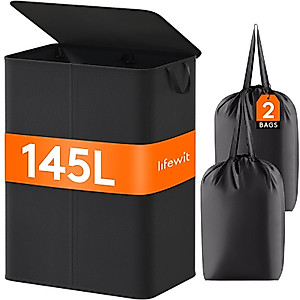 Lifewit 145L Laundry Basket with Lid, Large Double Laundry Hamper 2 Section Dirty Clothes Hamper for Bedroom with 2 Removable Laundry Bags, Black