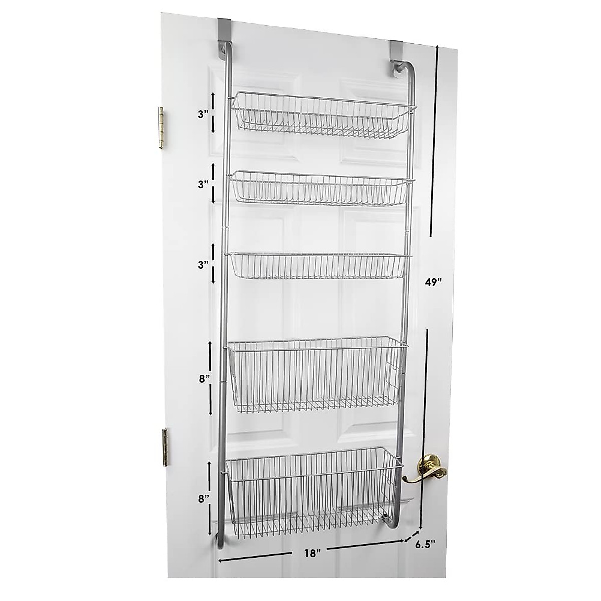 5 Tier Over The Door Pantry Organizer (Silver), By Home Basics | Metal Pantry Door Rack | Hanging Pantry Organizer For Condiments, Spices, Snacks, and Canned Goods