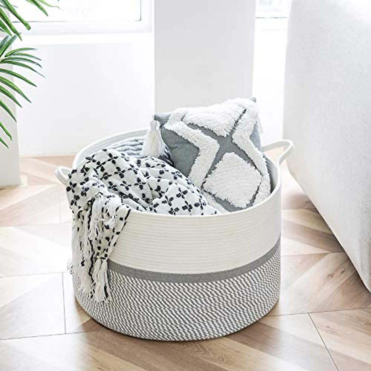 CHICVITA XXL Extra Large Cotton Rope Woven Basket, Throw Blanket Storage Basket with Handles, Decorative Clothes Hamper - 22" x 22" x 14"