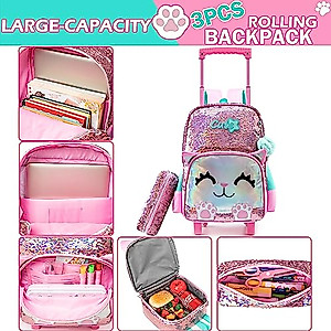 Meetbelify Rolling Backpack for Girls Cute Pink Cat School Backpack with Wheels Kids Sequin Roller Luggage for Elementary Kindergarten Students with Lunch Box Pencil Case for Girls 5-12 Years Old