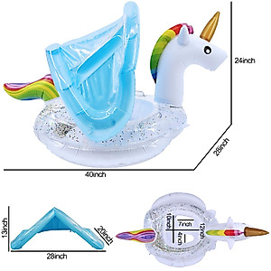 Unicorn Baby Swimming Pool Float with Canopy, Glitters, Seat & Safety Handle, 2024 Summer Baby Floats for Pool, Inflatable Baby floaties for 8-36 Months Toddler Boy Girl Summer Outdoor Party Favor