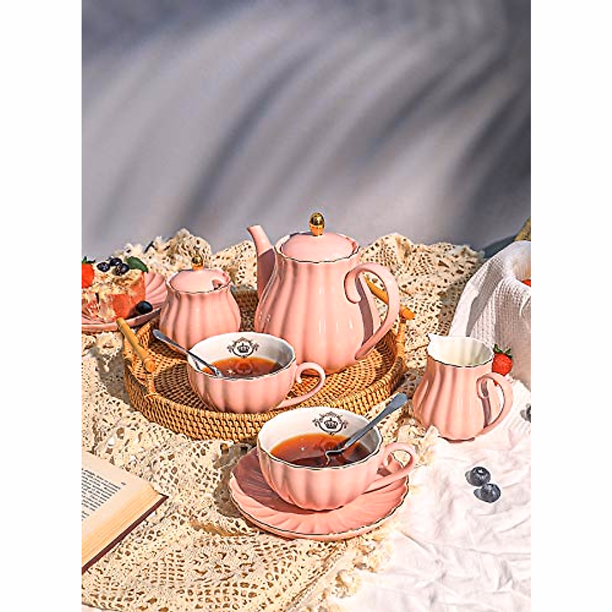 Amazingware Porcelain Tea Set - Tea Cup and Saucer Set Service for 6, with 28 oz Teapot Sugar Bowl Cream Pitcher Teaspoons and Tea Strainer - for Thanksgiving - Pumpkin Fluted Shape, Pink