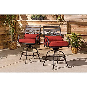 Hanover Montclair 5-Piece High Dining Patio Set with 33'' Steel Stamped Square Bar Height Table and 4 Red Cushioned Tall Swivel Chairs, Modern All-Weather Outdoor Furniture for Backyard and Deck