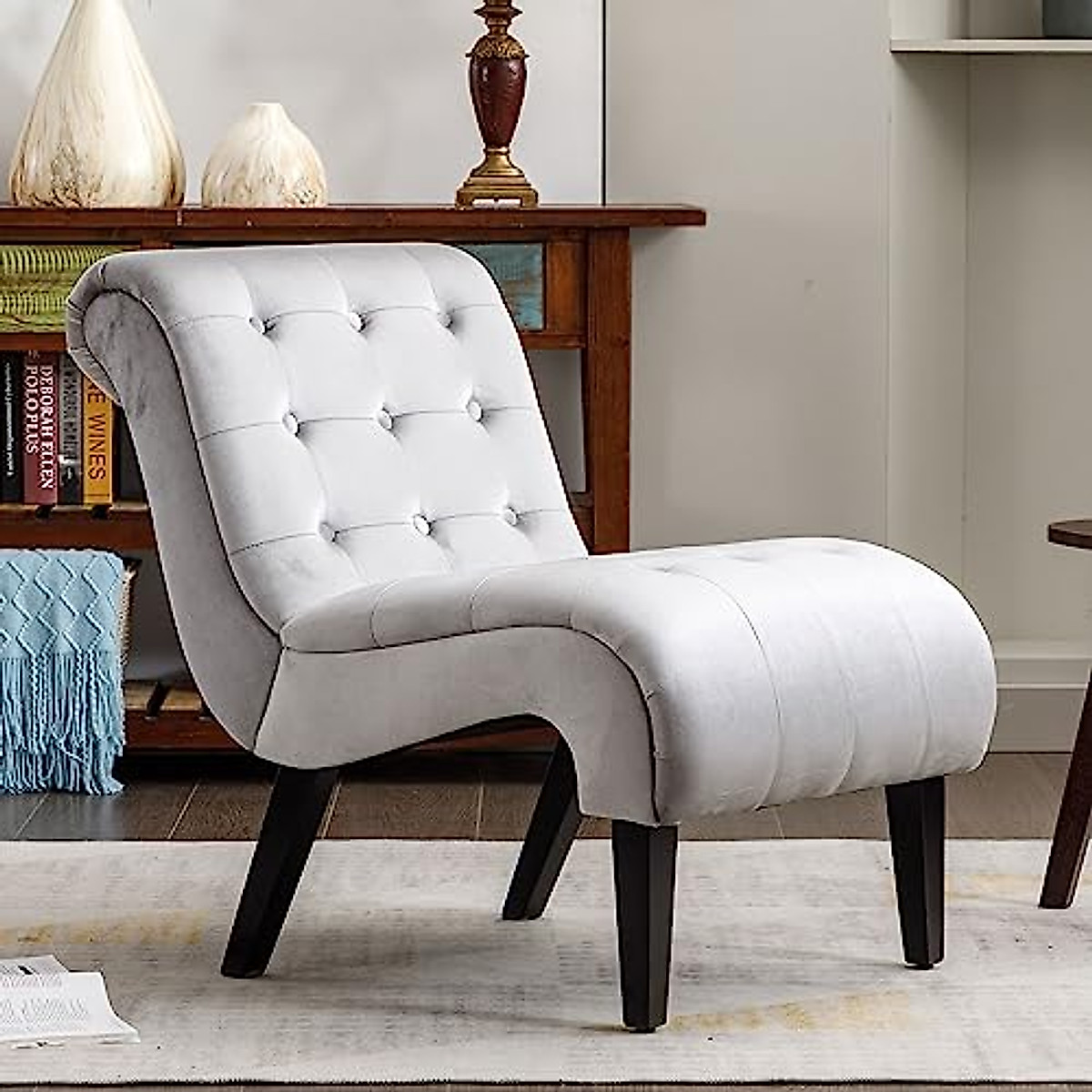 Bonzy Home Modern Accent Chairs for Bedroom Living Room Button-Tufted Velvet Reading Nook Lounge Chairs Upholstered Armless Slipper Chairs with Wooden Legs, Bright Sliver