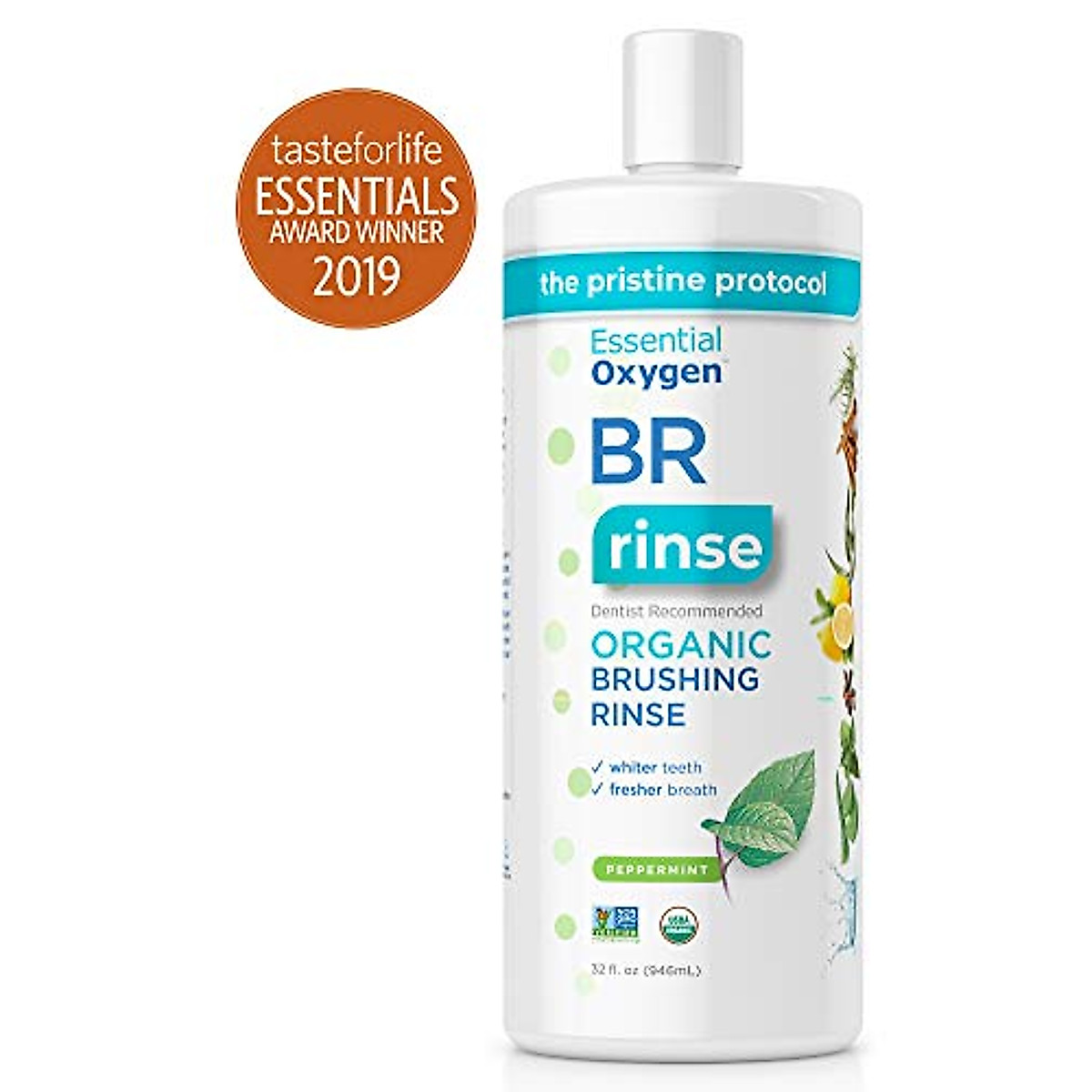 Essential Oxygen Certified BR Organic Brushing Rinse, All Natural Mouthwash for Whiter Teeth, Fresher Breath, and Happier Gums, Alcohol-Free Oral Care, Peppermint, 32 Ounce
