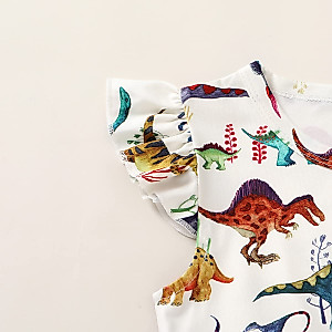 Happy Town Toddler Baby Girl Dress Dinosaur Printed Girl Summer Dresses Fly Ruffle Sleeve Tutu Dress Casual Sundress (White Dinosaur, 3-4 Years)