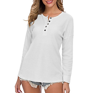 WNEEDU Women's Waffle Knit Tunic Tops Loose Long Sleeve Button Up V Neck Henley Shirts,White L