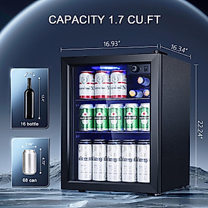 Antarctic Star Beverage Refrigerator Cooler-68 Can 16 Bottle Mini Fridge for Soda Beer Wine Champagne,Glass Door, Drink Dispenser, Knob Control,for Home and Bar,1.7Cu.Ft,Black…
